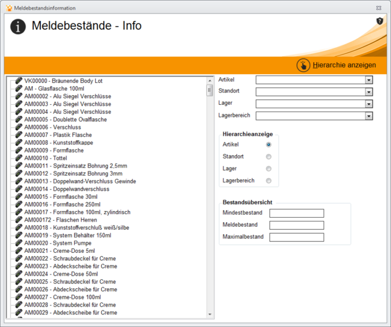 Meldebestände – Metacarp GmbH Onlinehilfe